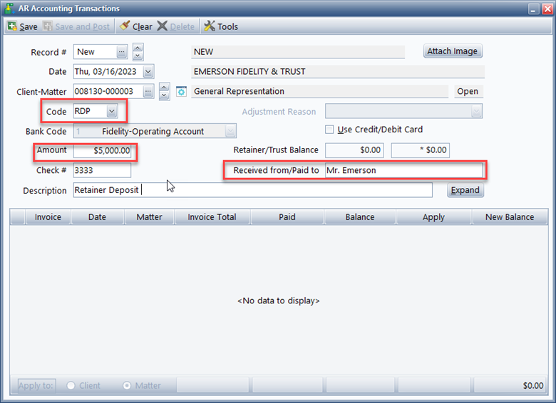 Deposit Transaction Input – Orion Law Management