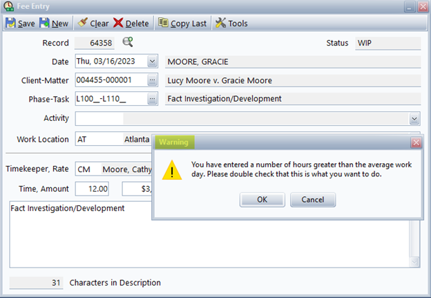 Maximum Number of Hours in Fee Entry – Orion Law Management