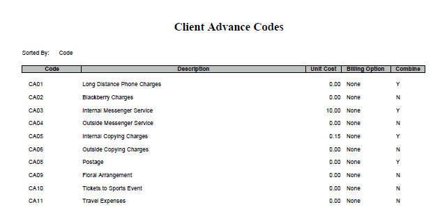 Client Advance Codes Listing – Orion Law Management