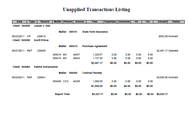 Unapplied Transactions Listing – Orion Law Management